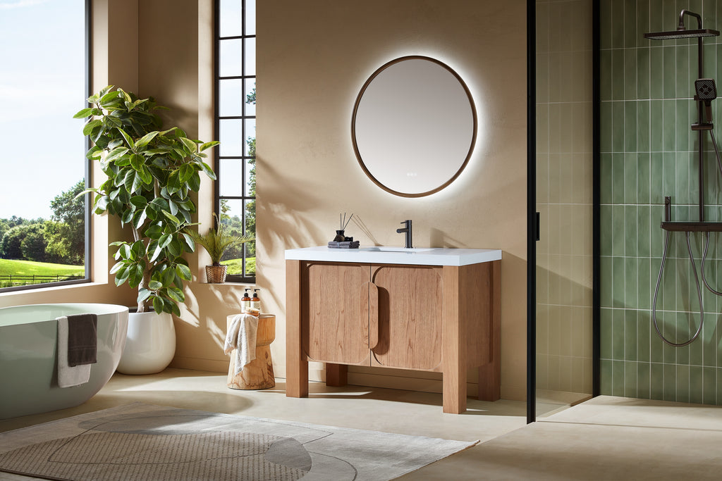 MUNICH 48” NATURAL TEAK FREESTANDING MODERN BATHROOM VANITY (WHITE COU ...