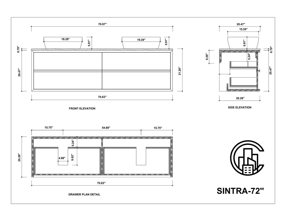 SINTRA 72” DARK WALNUT OAK WALL MOUNT MODERN BATHROOM VANITY ...